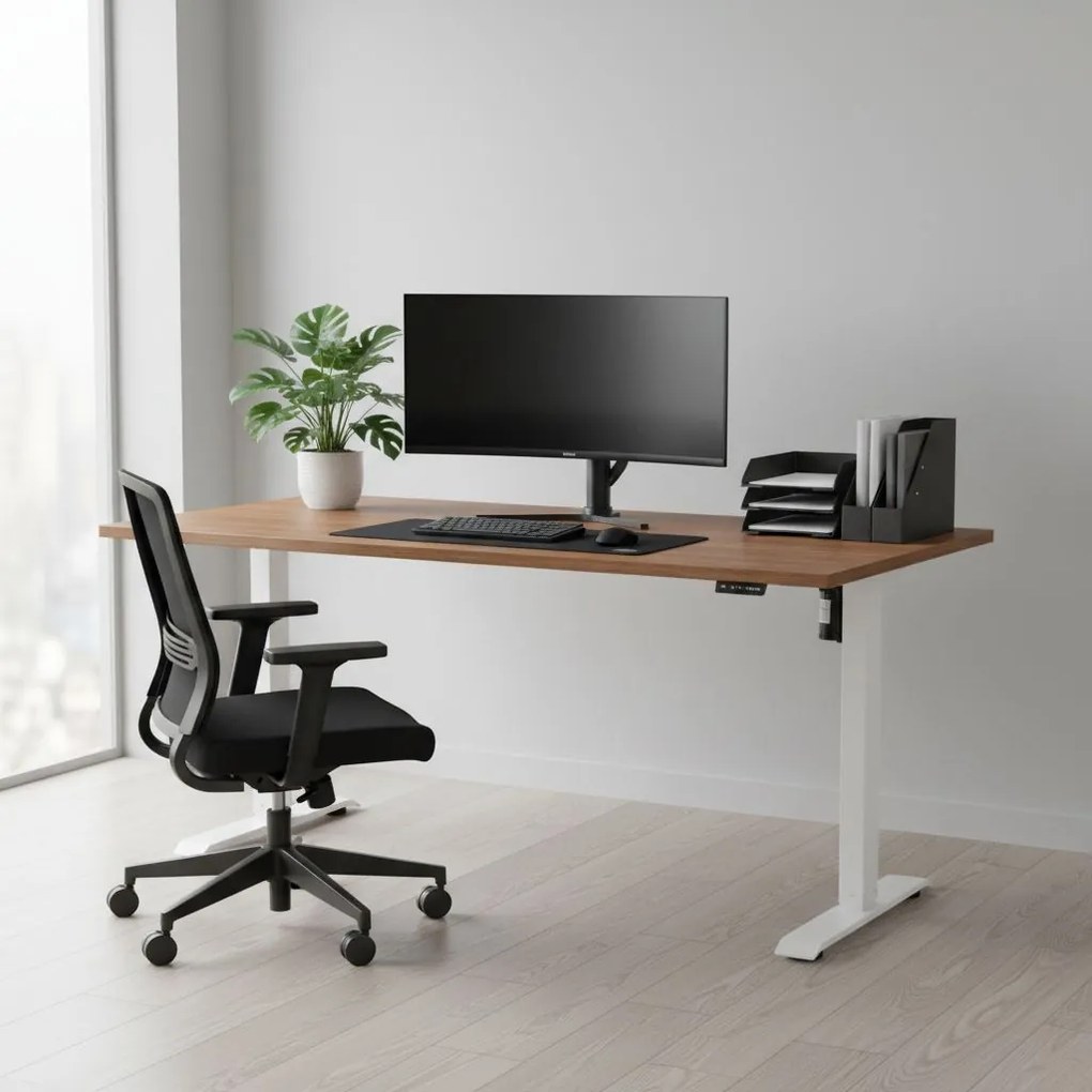 Výškově nastavitelný stůl OfficeTech A, 160 x 80 cm, bílá podnož, dub silverjack