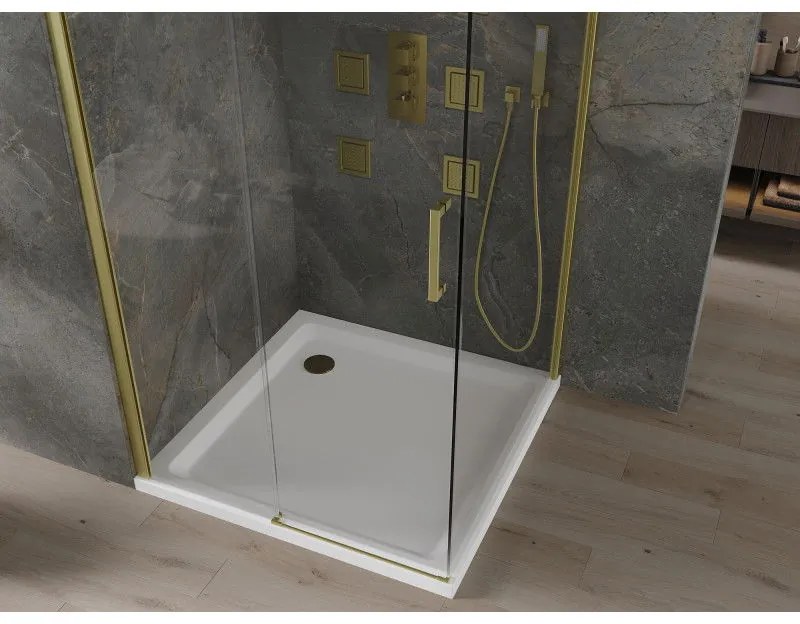 Mexen Omega posuvný sprchový kout 100 x 100 cm, 8mm sklo, zlatý profil-čiré sklo + slim sprchová vanička 5cm, 825-100-100-50-00-4010