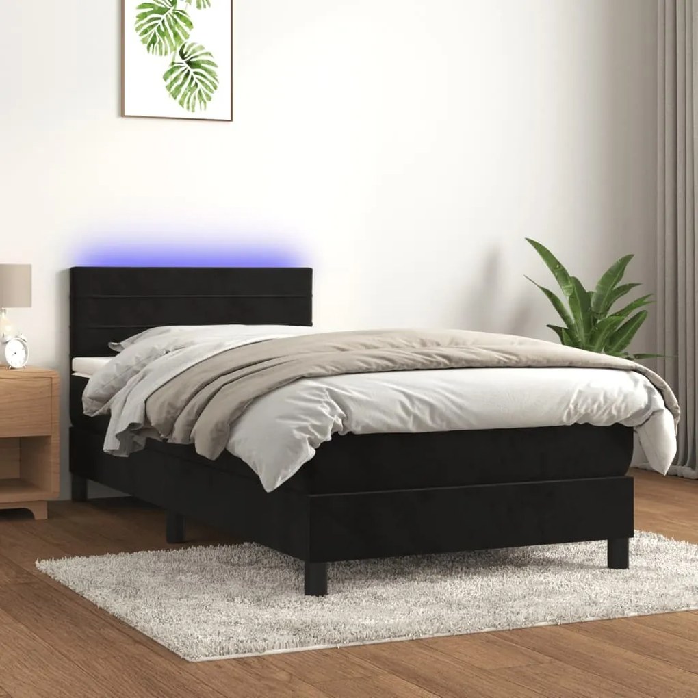 vidaXL Box spring postel s matrací a LED 90x200 cm samet [3134444] Barva: Tmavě moddrá