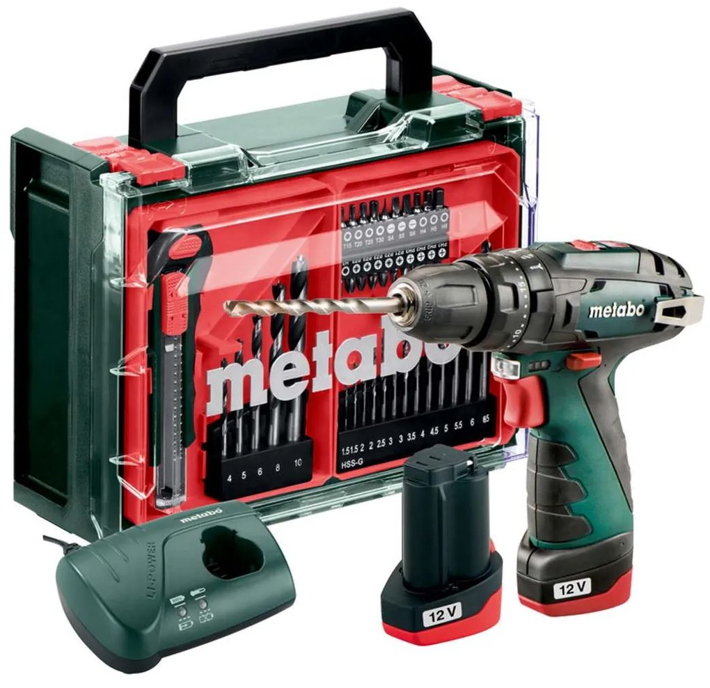 Metabo Nářadí - 12V AKU vrtačka s příklepem a příslušenstvím, 2x aku 2,0 Ah Li-Power, nabíječka 600385710