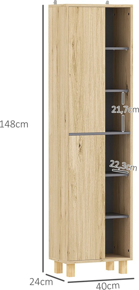 HOMCOM Koupelnová sloupková skříň, Koupelnová skříň s 6 otevřenými přihrádky a 2 skříněmi, rozměry 40Š x 24H x 148V cm, přirodní dřevo