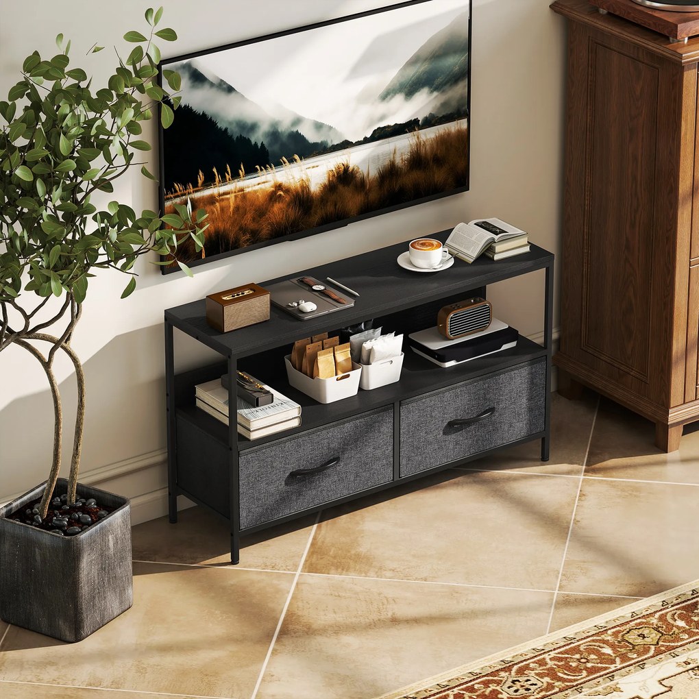 HOMCOM TV skříňka Lowboard se 2 zásuvkami, otevřeným prostorem, pro televizory do 47 palců, 98 x 29 x 56 cm, černá + tmavě šedá