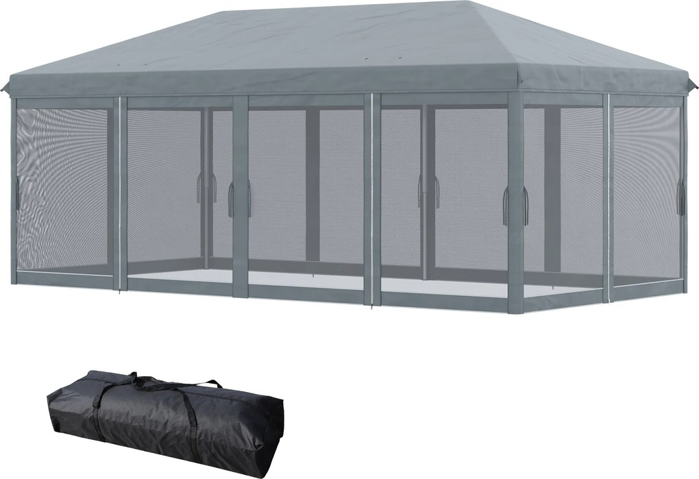 Outsunny Skládací Gazebo 6x3 m s 6 Anti-UV Moskytiérovými Stěnami a Pouzdrem pro Kempování Šedá | Aosom