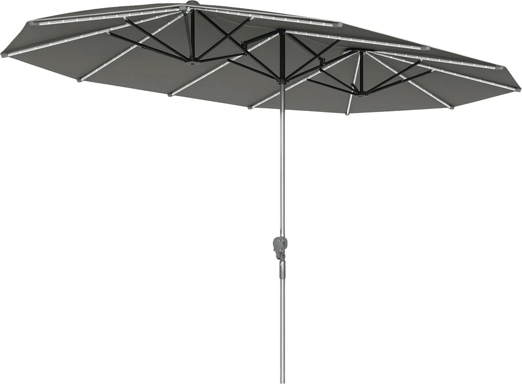 Outsunny Dvojitý Sluneční Umbrel s Solárními LED Světly 451x267 cm Hliník UV 50+ Sluneční Umbrel s Ručním Kolečkem, Balkónový Umbrel Odolný proti Větr