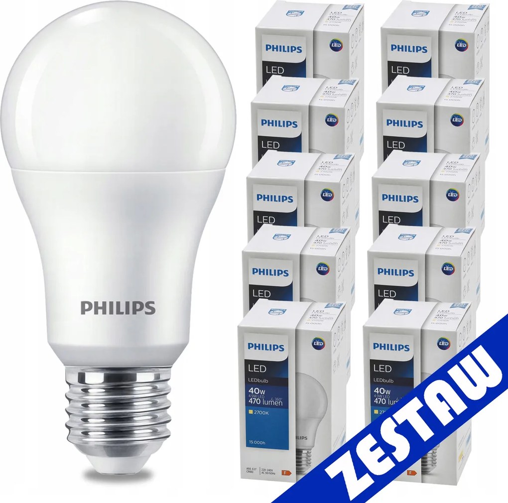 SADA 10 KS LED žárovek PHILIPS E27 4,9W 470lm - teplá bílá