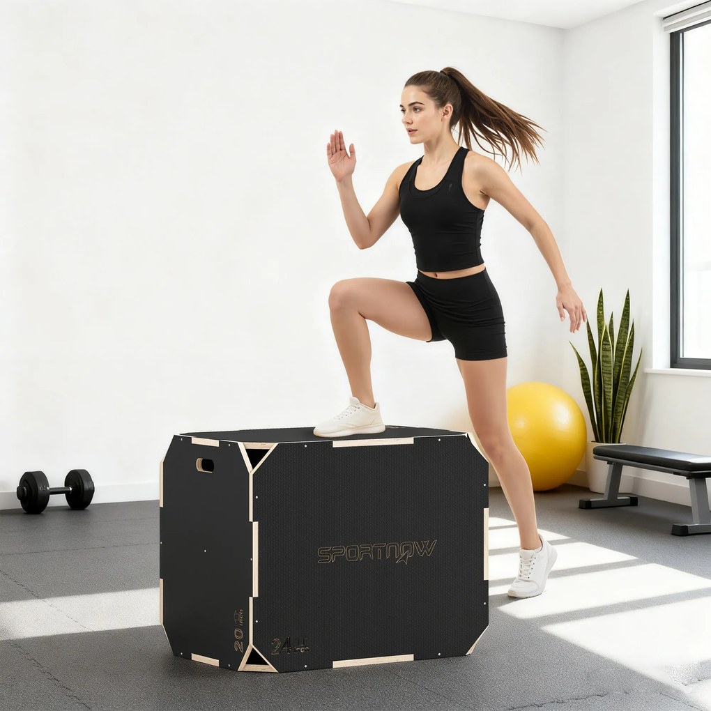 SPORTNOW plyo box 3 v 1, skákací box s otvory pro rukojeti, pro domácí fitness a venkovní trénink, 3 výšky skoku, dřevo, černá barva