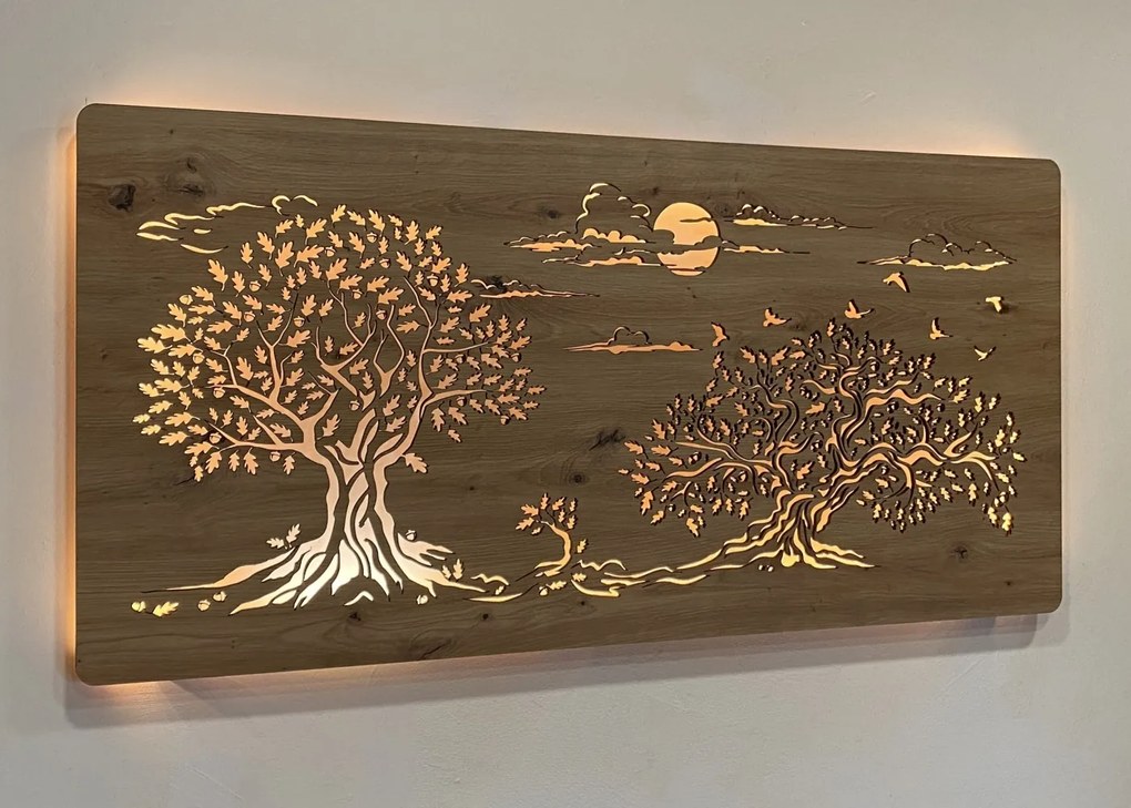 Li-Go "Tři duby" světelný obraz s baterií 120x60cm varianta ovládání: manuál/pohybové čidlo, provedení povrchu: jedle