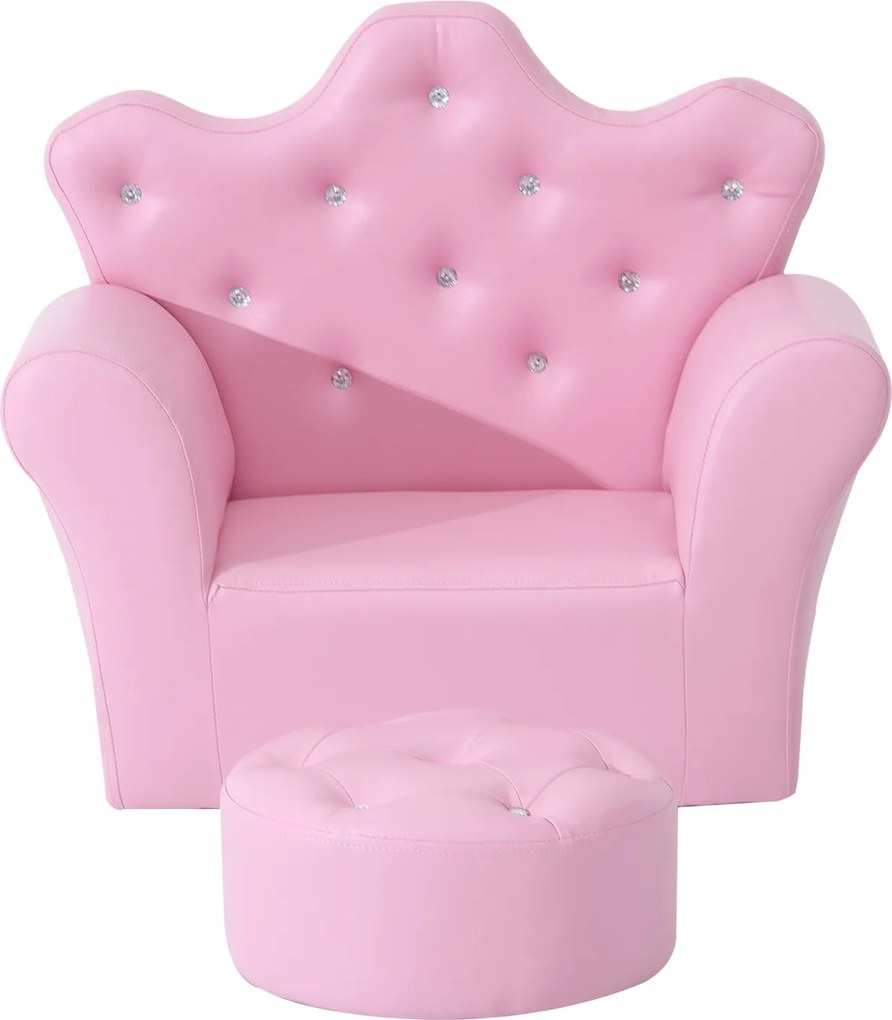 HOMCOM dívčí křeslo měkká pohovka s křišťálovými knoflíky taburet růžový útulný pro děti od 3 let 58x40,5x49cm