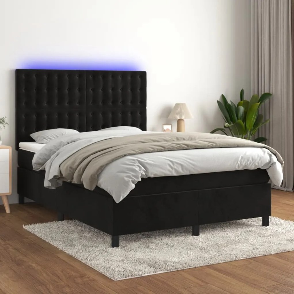 Box spring postel s matrací a LED černá 140x190 cm samet 3136361