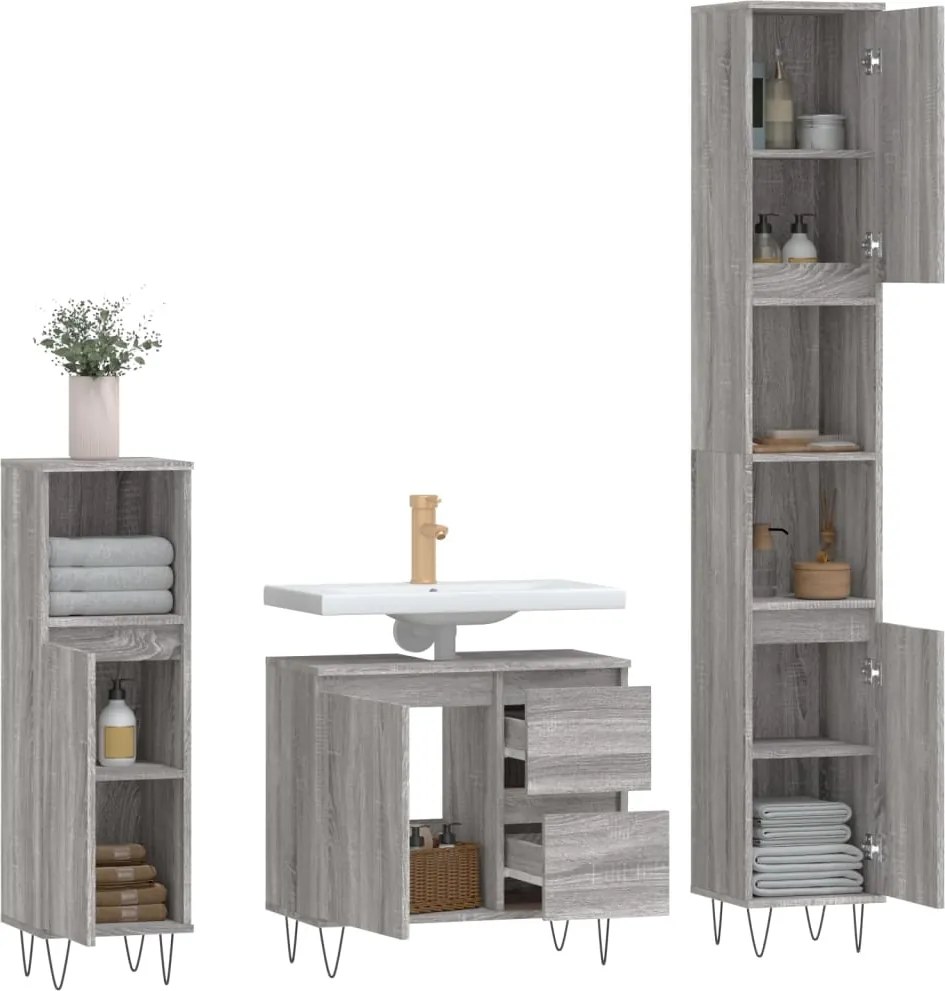 3dílný set koupelnového nábytku šedý sonoma kompozitní dřevo 3190227
