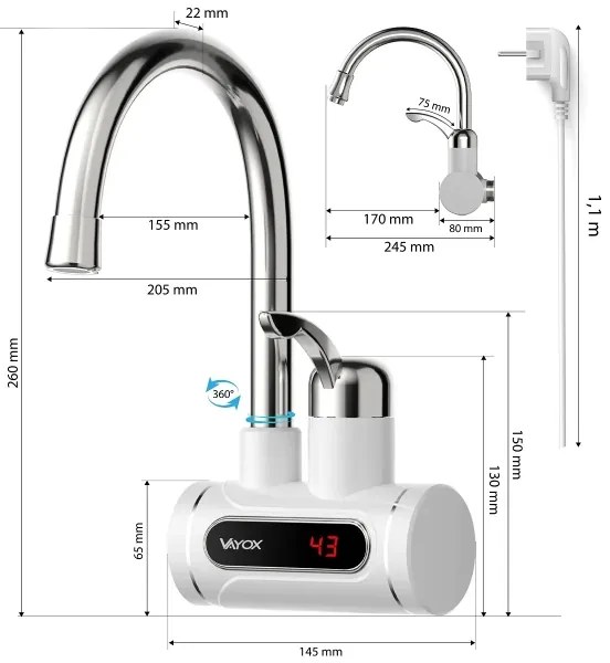 Průtokový ohřívač vody s LED displejem 3000W/230V IPX4 bílá