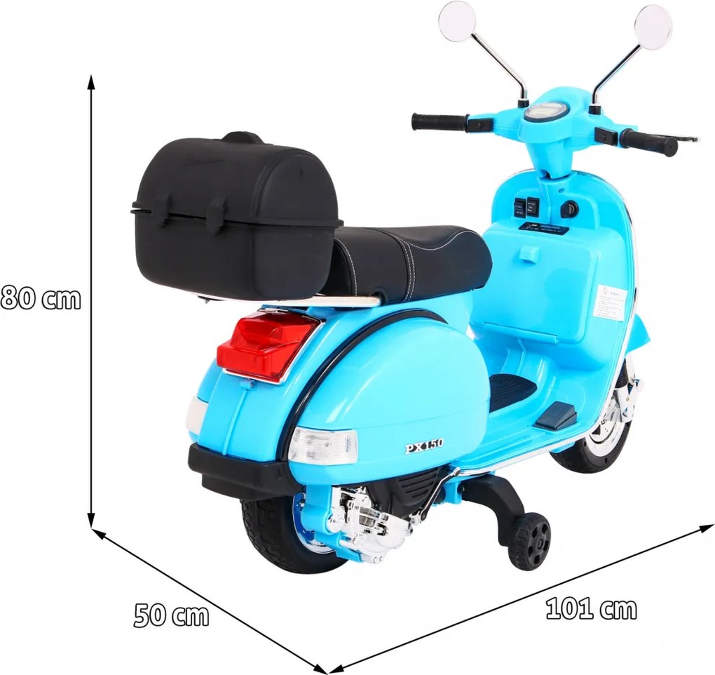 Ramiz Elektrický skútr Vespa pro děti modrý + pomocná kolečka + audio + ekokůže + EVA + plynulý start