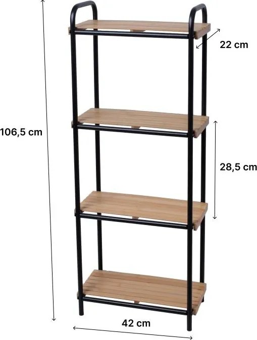 Erga Mike, kovový koupelnový čtyřpolicový regál pro postavení 42x22x106,5 cm, černá-přírodní hnědá, ERG-YKA-P.MIKE-4