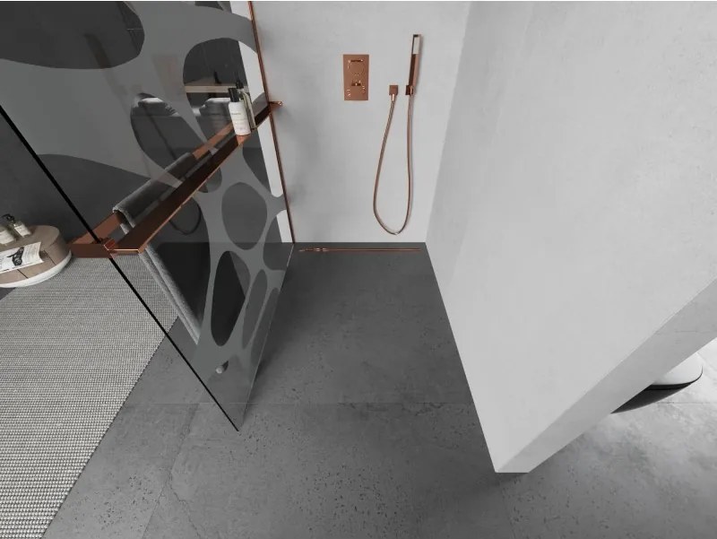 Mexen Kioto+ L, sprchová zástěna Walk-In s poličkou a věšákem 110 x 200 cm, 8mm čiré sklo bílý vzor, ​​růžové zlato profil, 800-110-123-60-97