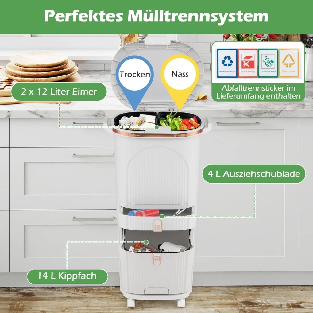 Costway 42 L kuchyňský odpadkový koš s víkem a 3 přihrádkami pedálový odpadkový
