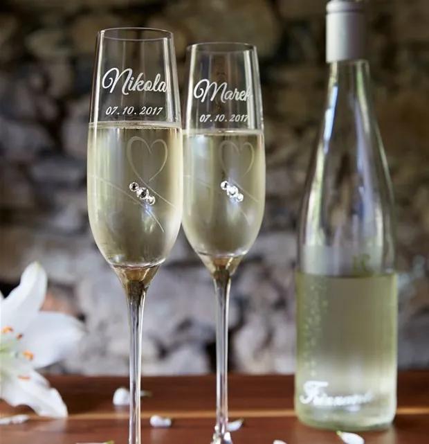 Dekorant svatby Svatební sklenice na šampaňské Romance simple s kamínky Swarovski v prémiovém saténovém balení 200 ml 2KS