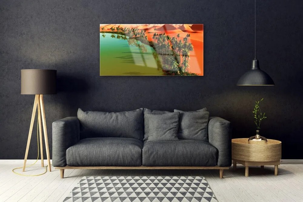 Obraz na skle Jezero Poušť Palmy 100x50 cm