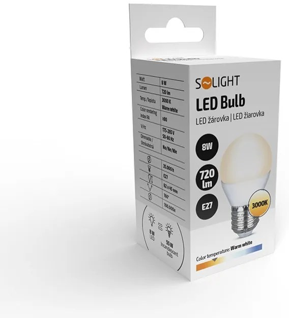 SOLIGHT LED žárovka miniglobe matná G45 8W, E27, 3000K, 720lm