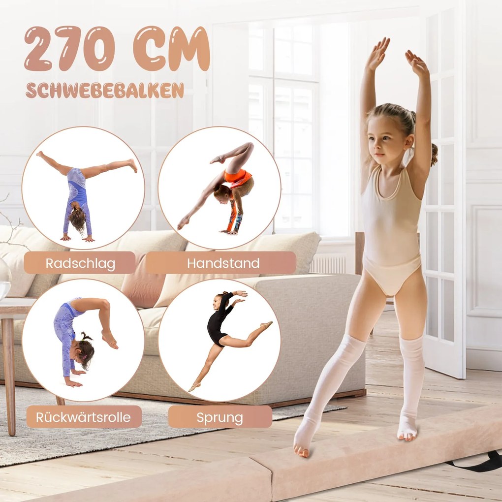 Costway 270 cm kladina dětská kladina skládací gymnastická kladina s – hnědý