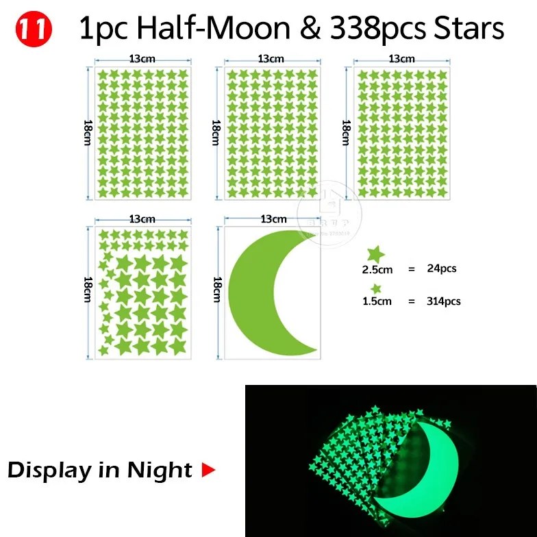 Samolepky na zeď - svítící zelené nebo modré hvězdy a měsíc Varianta: 11 - 339ks zelené hvězdy a měsíc