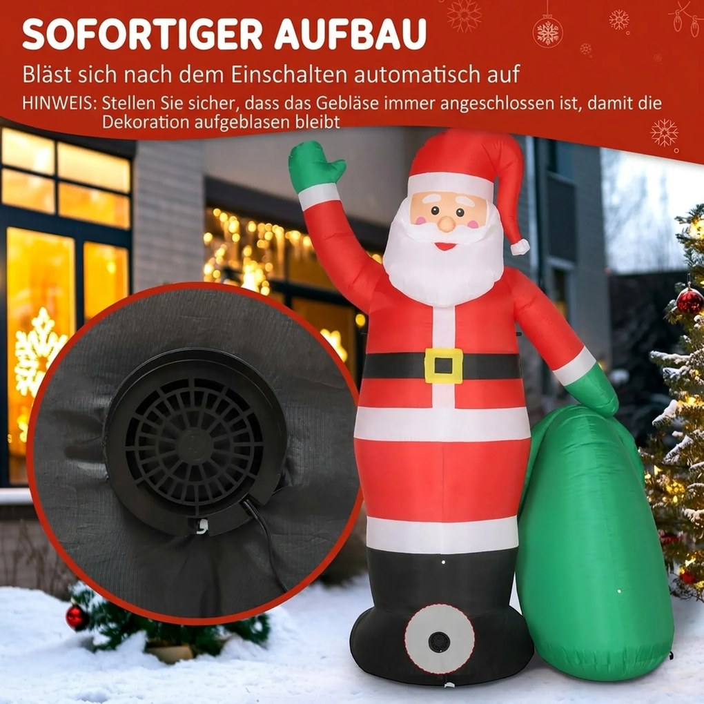 Outsunny Nafukovací Santa Claus, 275 cm, s pytlem a medvědem, vánoční dekorace s integrovanými LED světly