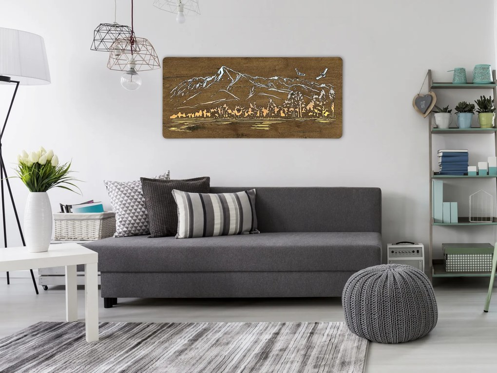 Li-Go "Hory s ptáky" světelný obraz s baterií 110x50cm varianta: ovládání na obraze včetně dálkového ovladače, provedení: jedle