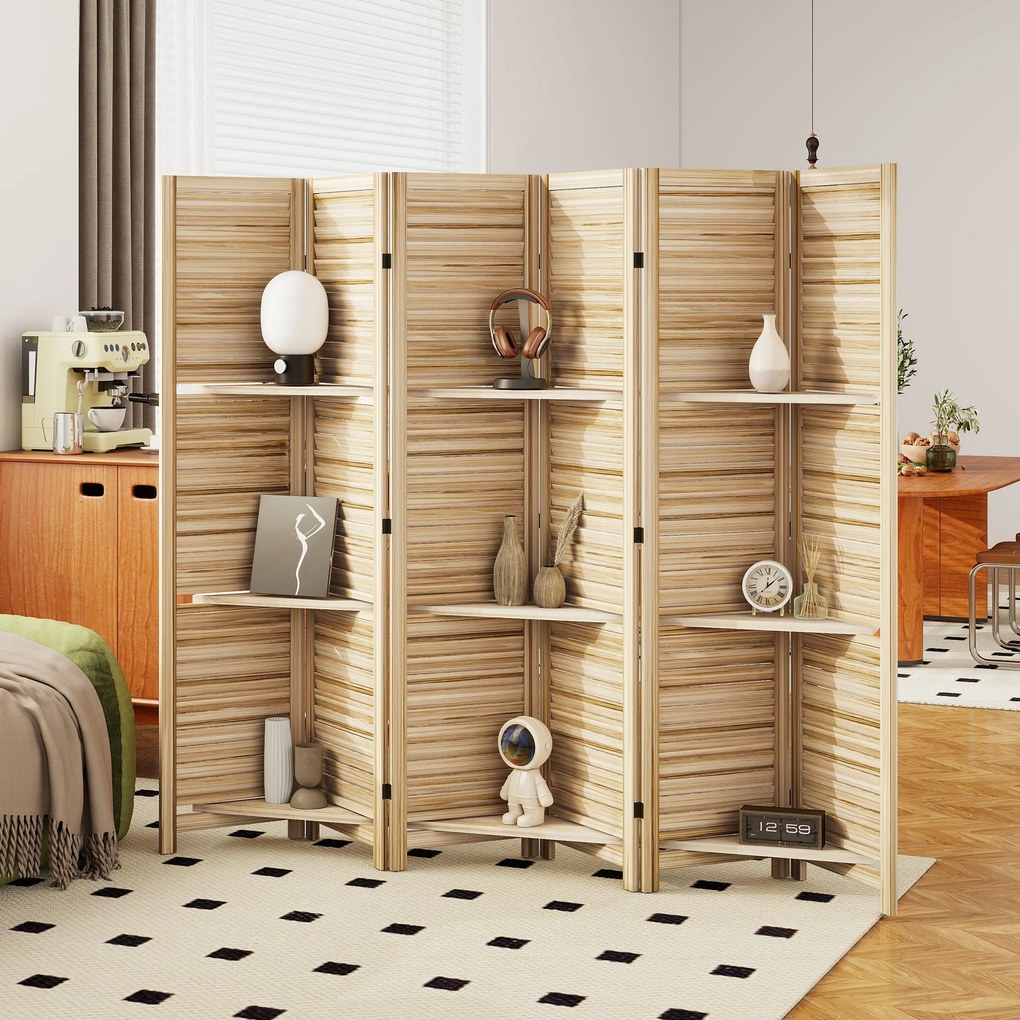 HOMCOM vnitřní paraván ze dřeva 4 panely 160 x 170 cm, skládací dělicí příčka s 3 policemi, přírodní dřevo s vypáleným efektem