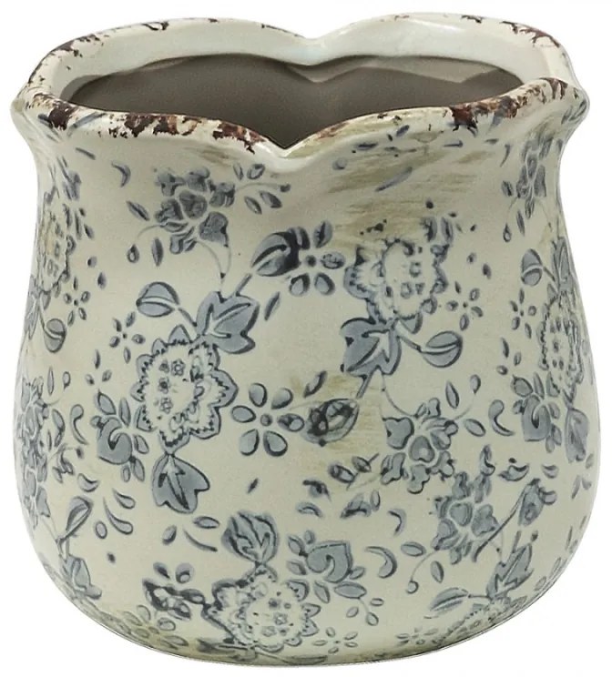 Retro béžový květináč se šedými květy Soleil M – 15x14 cm