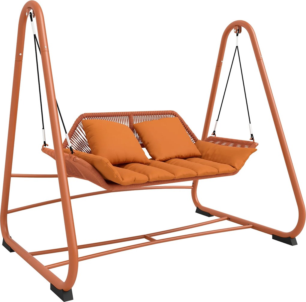 Outsunny Terrakota dvojmístná houpačka Hollywood s polštáři — závěsné lehátko na kovovém A-rámu pro zahradu, terasu a balkon (174 × 120 × 162 cm) | Ao