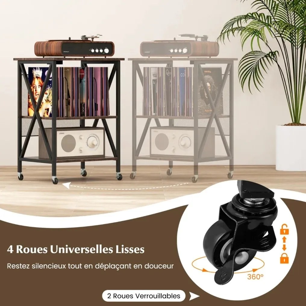 Mobilní stojan na gramofon se zásuvkami 220 V a USB porty, rustikální JV12662DE-CF