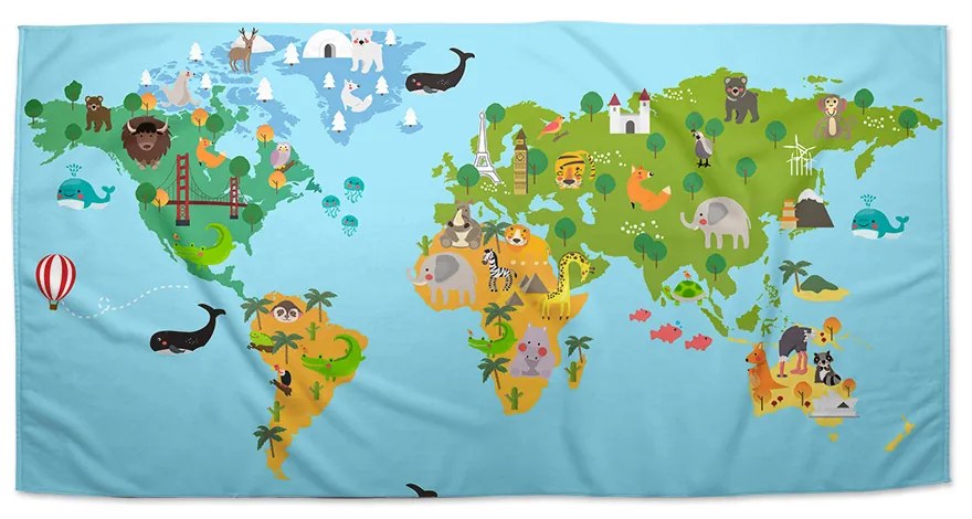 Sablio Ručník Zvířecí mapa světa - 50x100 cm