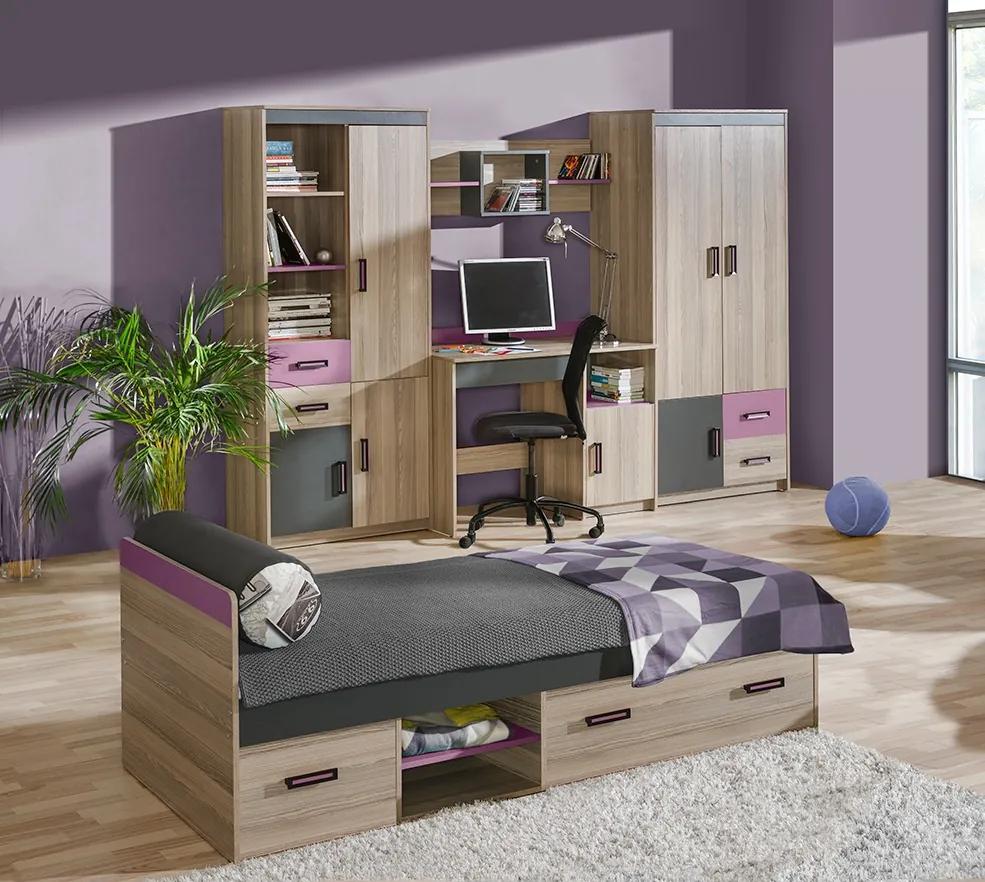 Moderní nábytek do studentského pokoje ULTIMO sestava 13 Barevné provedení ULTIMO: Fialová, Matrace 195x80x12cm: Minibonell jednostranný + latex +2100Kč