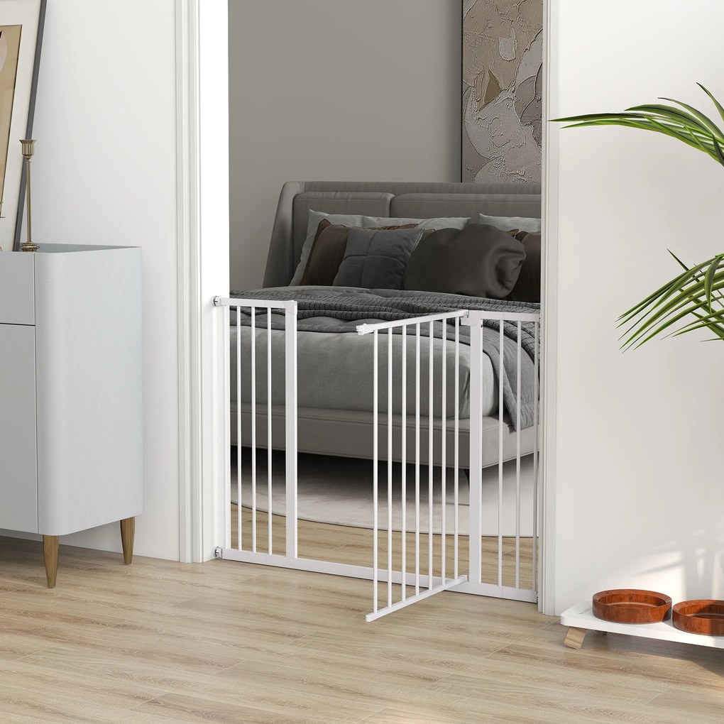 PawHut Schodišťová brána kovová ochrana dveří Bariérová brána nastavitelná bez vrtání 76-107x76cm Bílá