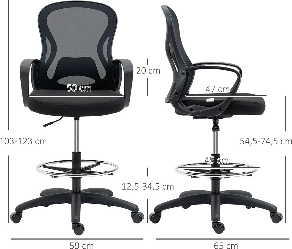 Vinsetto Kancelářská židle s vysokým opěrákem - nastavitelná, rozměry 59 Š x 65 H x 124 V cm, 360° otáčecí, prodyšná černá síťovina