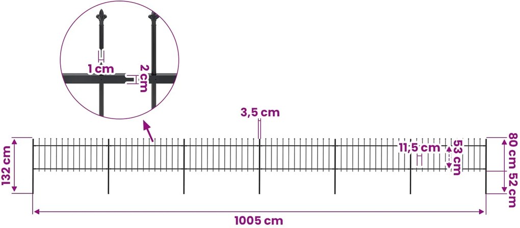Zahradní plot s kopím nahoře ocelový 1005 x 80 cm černý 277607