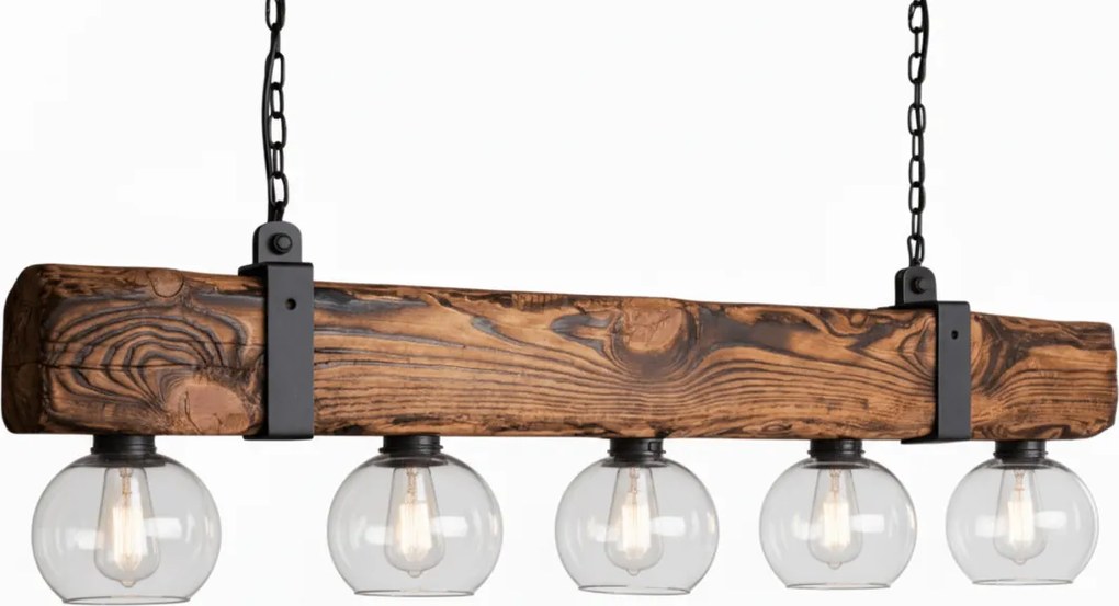 Dřevěný lustr na řetězu RUSTIC GLASS 120 cm 5xE27 tmavé dřevo Barva stínidla: Čiré sklo