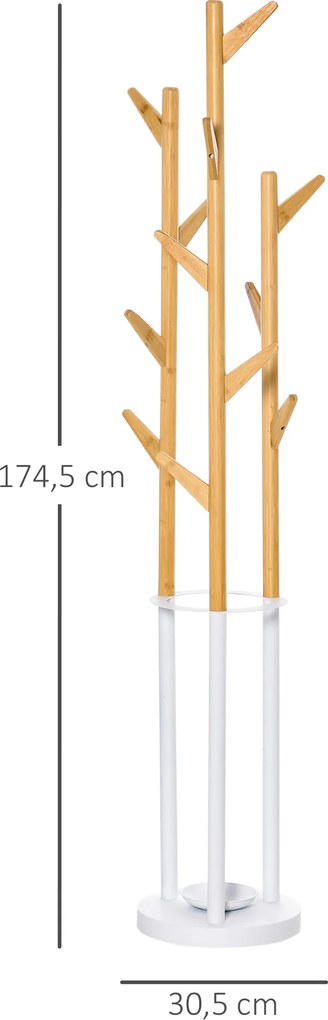 HOMCOM Stojan na kabáty s 13 háčky, moderní stojan na deštníky z kovu a bambusu, přírodní a bílá barva |