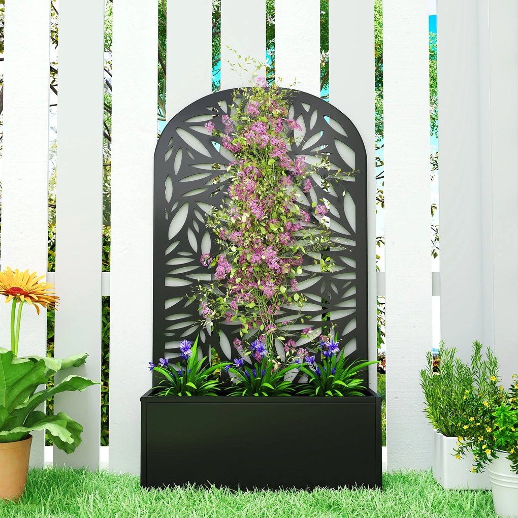 Outsunny vyvýšený truhlík s listovým trelážem — kovový květináč 61 × 23 × 113 cm pro zahradu, balkon a terasu