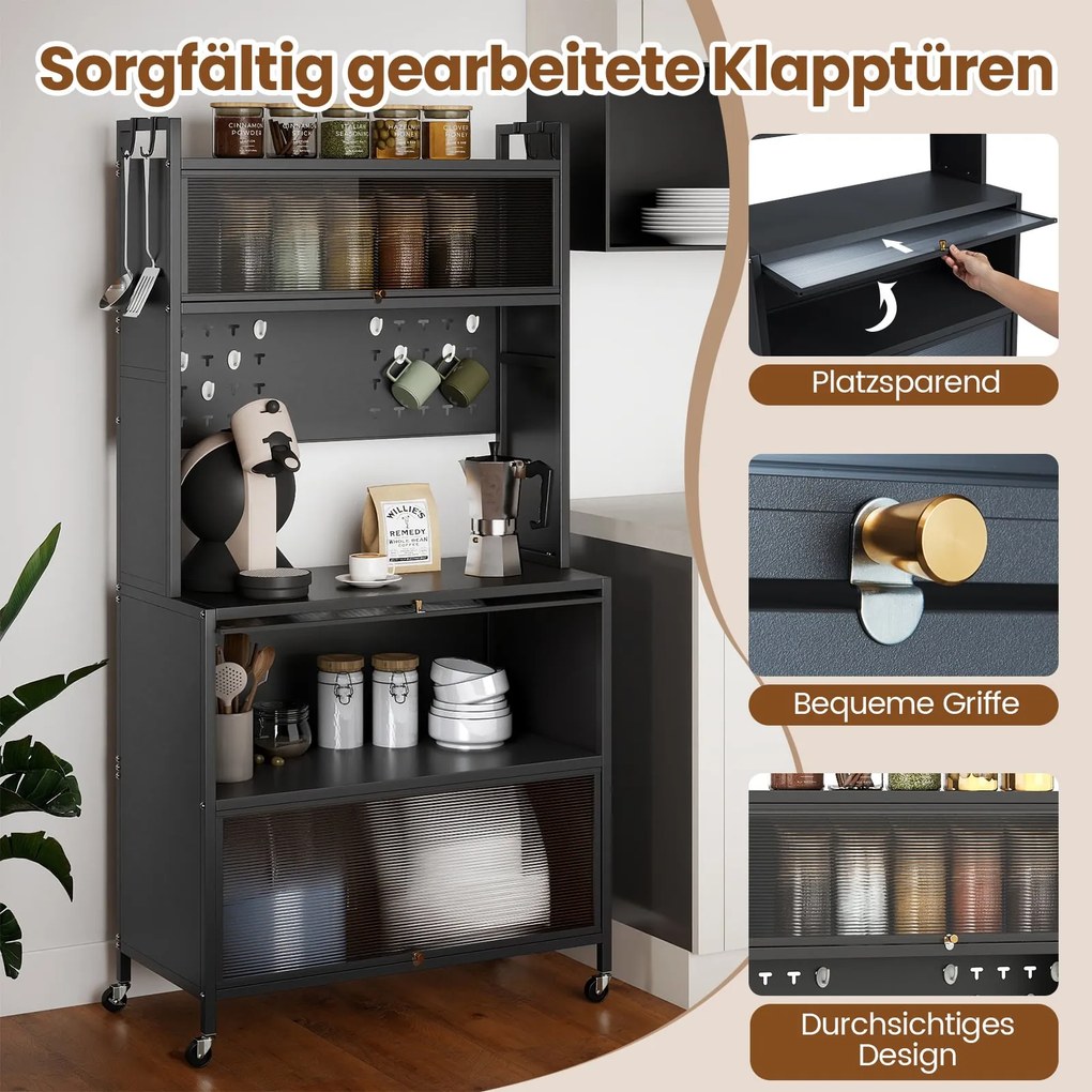 Costway Vysoká kuchyňská skříňka s kolečky a skládacími dvířky a pegboard