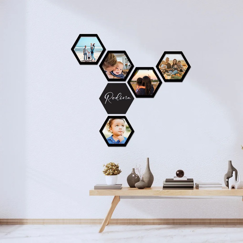 dřevo života Sada fotorámačků HEXAGON Zvolte barvu dekoru: Černá, Velikost fotorámečků: 15x21, Text: Rodina