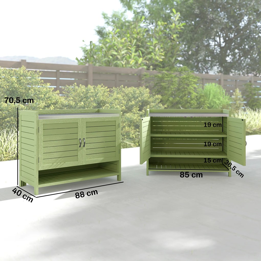 Sázecí stolek se skříňkou na dřevěném podstavci Venkovní zahradní skříňka s pozinkovanou pracovní deskou 3 police 88x40x70,5cm Zelená barva