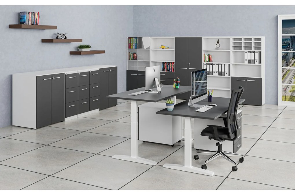 Kombinovaná kancelářská skříň PRIMO WHITE, dveře na 4 patra, 2128 x 800 x 420 mm, bílá/grafit