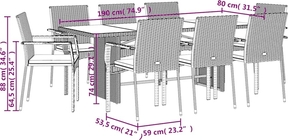 9dílný zahradní jídelní set s poduškami černý polyratan 3213503
