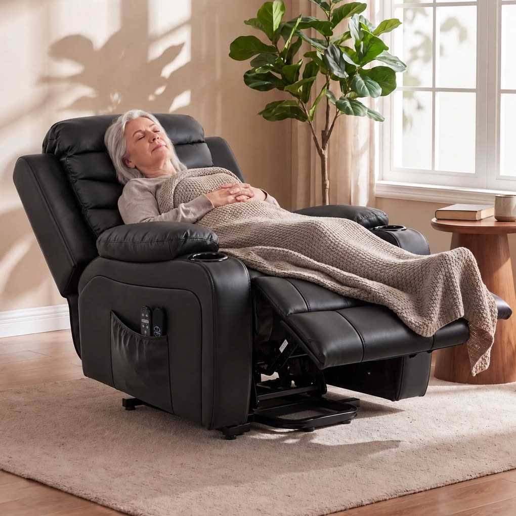 HOMCOM elektrické relaxační křeslo s funkcí vstávání, vibrační masáží a teplem, USB připojení, dálkové ovládání, černá