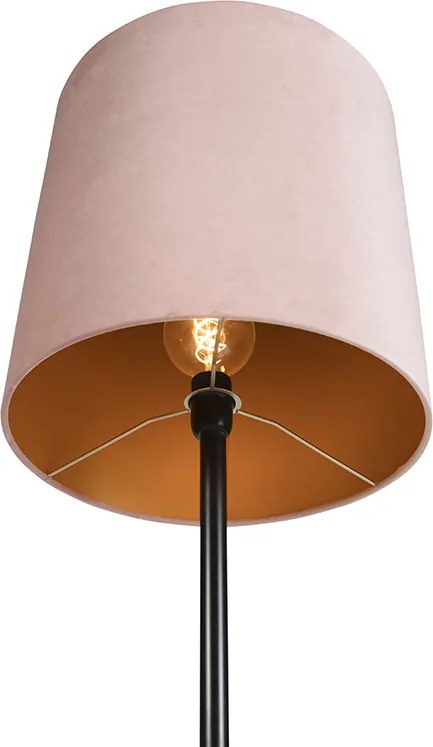 Stojací lampa černá s růžovým sametovým stínítkem se zlatem 40 cm - Simplo