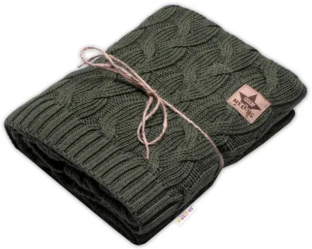 Bambusová dětská pletená deka, vzor pletený cop, 80 x100 cm, khaki