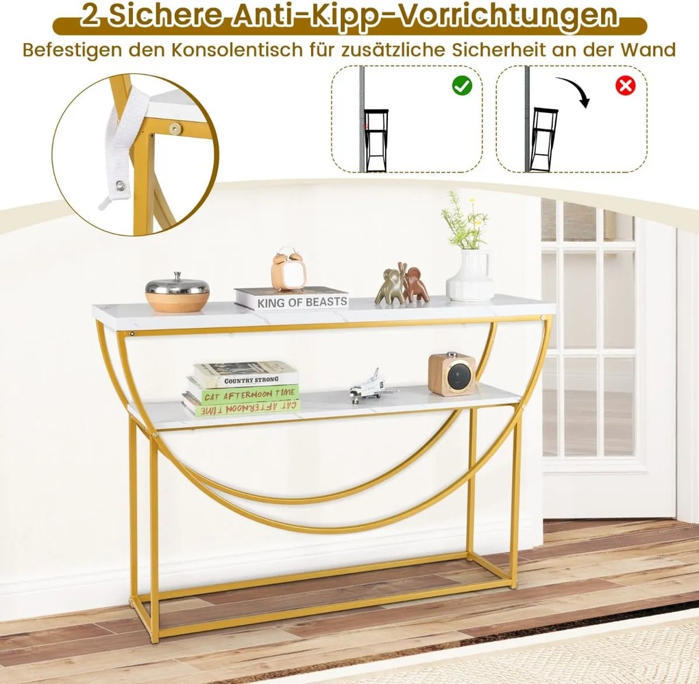 Costway Úzký konzolový stůl s mramorovou deskou 2 úrovně Sofa Table, bílý