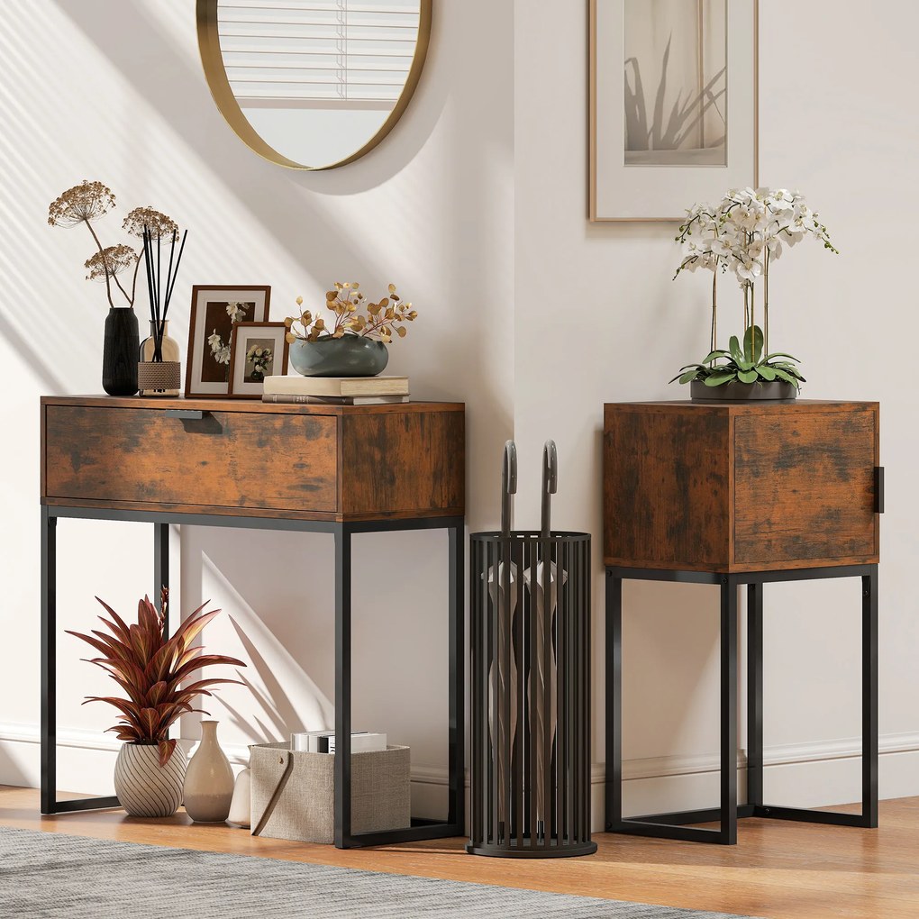 HOMCOM Konzolový stolek, předsíňový stolek s zásuvkou, průmyslový design, do předsíně nebo obývacího pokoje, 80x30x76 cm, černá