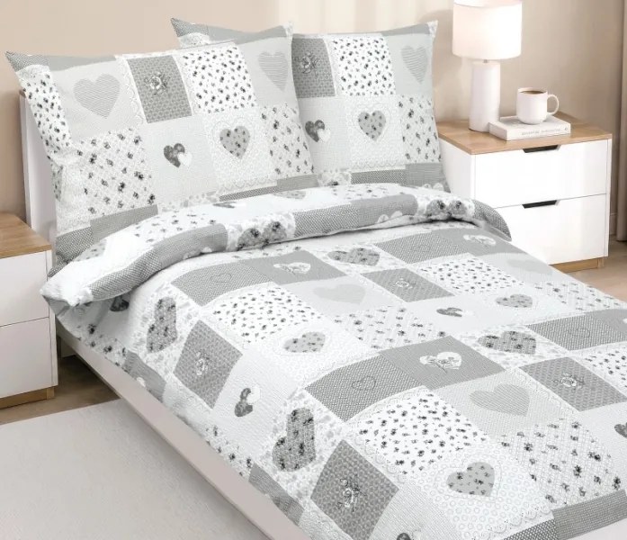 Bellatex Krepové povlečení 140x220 cm, 70x90 cm Srdce patchwork Šedá,Bílá