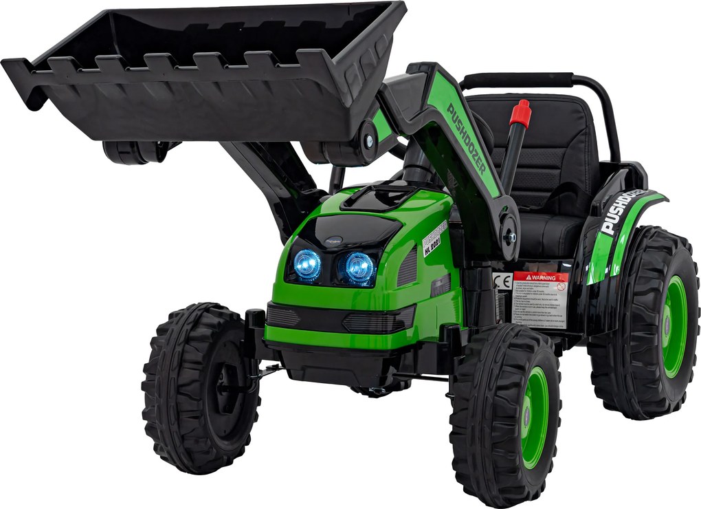 Ramiz Dětský bagr-traktor na baterie zelený + pohyblivé rameno s lžící + dálkové ovládání + pomalý start + FM rádio + LED